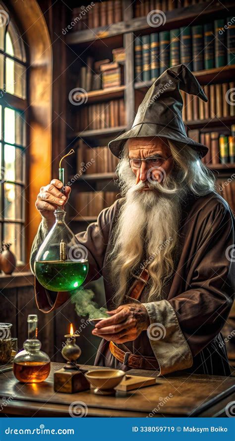 Old Wizard Inside a Library Creating a Magic Potion Inside a Glass Stock Illustration ...