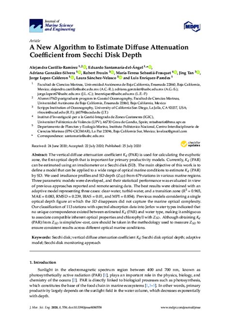 pdf a new algorithm to estimate diffuse attenuation coefficient from