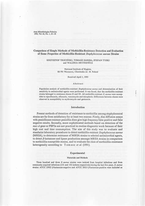 Pdf Comparison Of Simple Methods Of Methicillin Resistance Detection And Evaluation Of Some