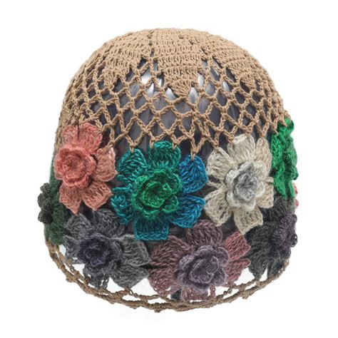 Zlyc Women Cotton Crochet Skull Cap Handmade Knit Cutout Floral Beanie
