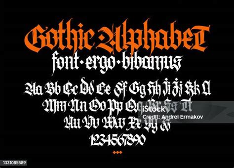 고딕 검은 색 배경에 대문자 및 소문자 아름답고 세련된 서예 문신에 대 한 아름 다운 유럽 글꼴 중세 현대 스타일 편지와 숫자 고스에 대한 스톡 벡터 아트 및 기타 이미지