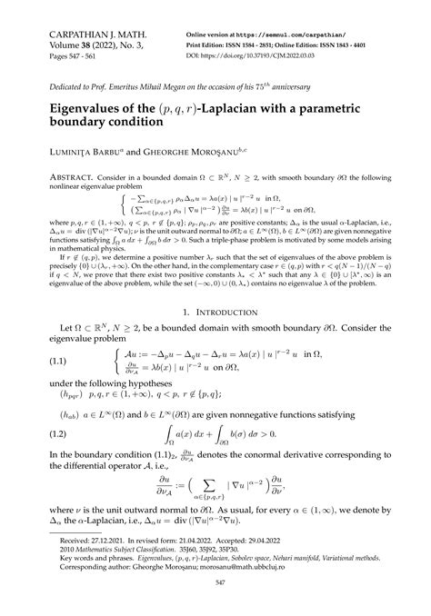 Eigenvalues Of The Pqr Laplacian With A Parametric Boundary Condition