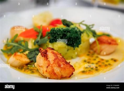 Coquilles Saint Jacques poêlées avec purée de pommes de terre brocoli salade de roquette et