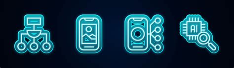 라인 알고리즘 휴대폰 신경망 및 프로세서 Cpu를 설정합니다 빛나는 네온 아이콘입니다 벡터 개념에 대한 스톡 벡터 아트 및 기타