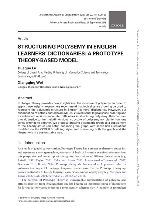 Pdf Structuring Polysemy In English Learners Dictionaries A Prototype Theory Based Model