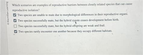 Solved Reproductive Isolation Two Species Are Unable To Mate Chegg Com