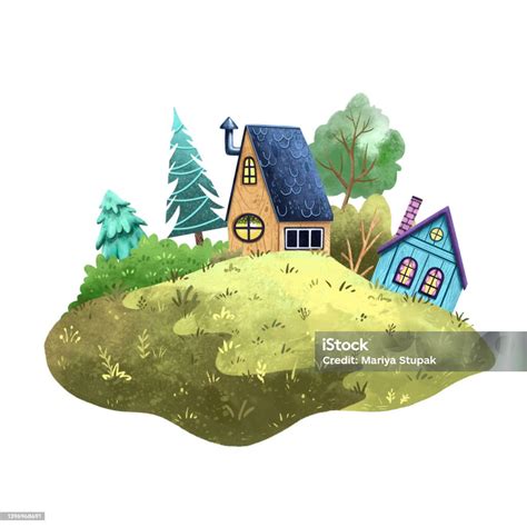 귀여운 마을 집의 삽화 오래된 오두막집 동화 속 집 만화 스타일 여름 풍경 귀여운 건물과 나무 나무 빈티지 부동산 마을 자연