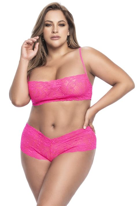 Plus Size Hot Pink Two Piece Lace Sexy Set Spicy Lingerie