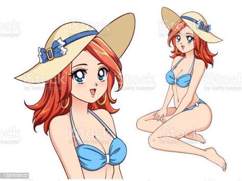 파란색 수영복과 여름 모자를 쓰고 있는 애니메이션 소녀 빨간 머리 큰 푸른 눈 손 그리기 벡터 그림 곱슬 머리에 대한 스톡 벡터 아트 및 기타 이미지 Istock