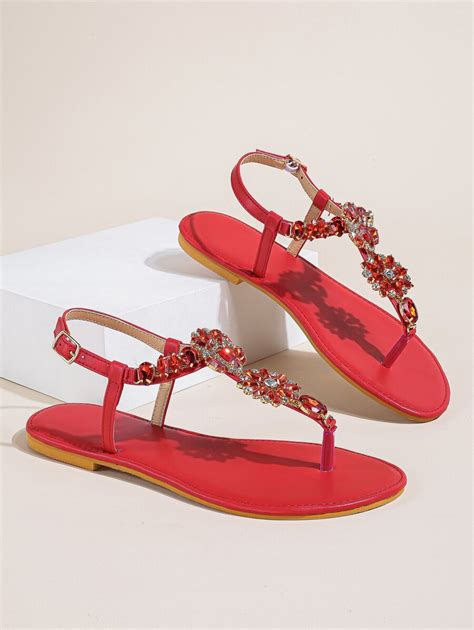 Women Rhinestone Decor Toe Post Flat Sandals Glamorous Thong Sandals
