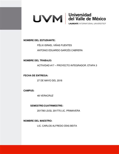 ACTIVIDAD 17 PROYECTO INTEGRADOR ETAPA 3 NOMBRE DEL ESTUDIANTE FÉLIX ISRAEL VIÑAS FUENTES