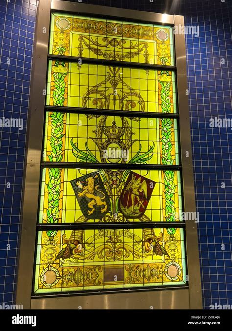 Stained Glass Window Monogram Leopold Illuminated In Brussels