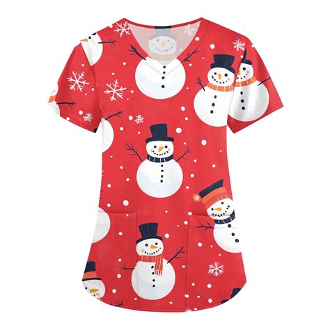 Christmas Womens Scrubs Tops Clearance Cute Snowflake Print Short