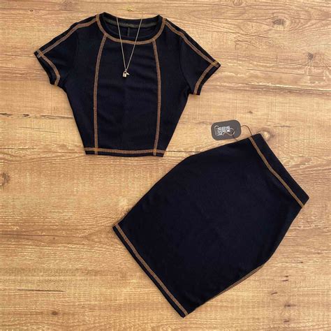 Conjunto Canelado Cropped E Saia Curta Preto VemQueVeste Moda E