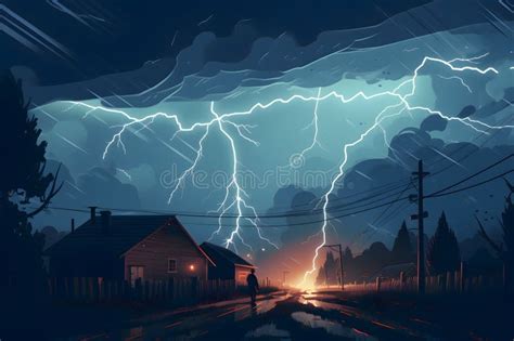 Effect Of Lightning Strike And Sparks Over The City In Cartoon Style
