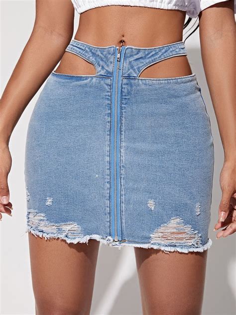 SHEIN Cut Out Ripped Raw Hem Denim Skirt Denim Skirt Women Denim Skirt Denim