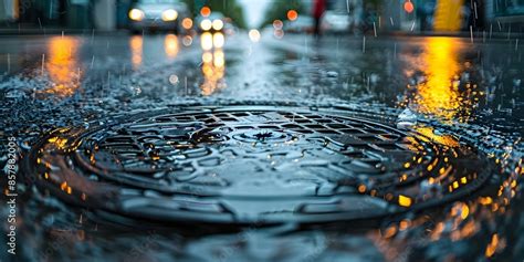 Rain Causes Flooding In City Street As Water Flows Through Manhole