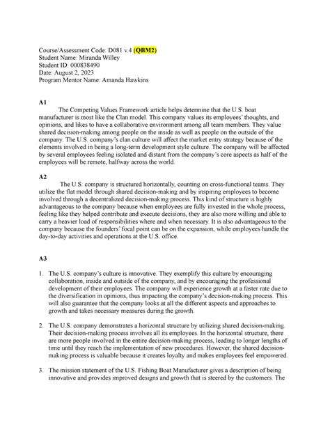 D Task Task Course Assessment Code D V QBM Babe Name Miranda Willey