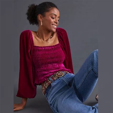 Anthropologie Tops Anthropologie Velvet Smocked Puff Sleeve Top