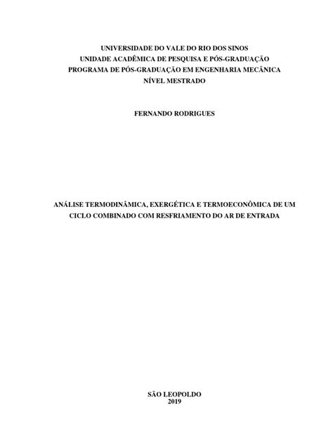 Álise Termodinâmica Exergética E Termoeconômica De Um Ciclo Combinado Com Resfriamento Do Ar De