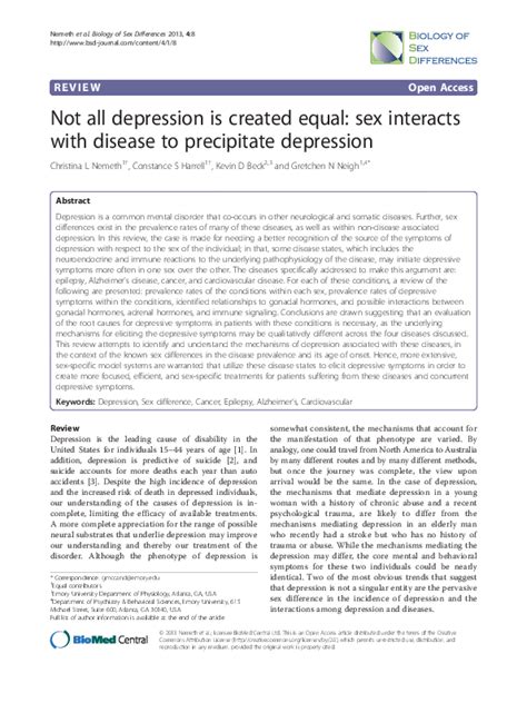 Pdf Not All Depression Is Created Equal Sex Interacts With Disease