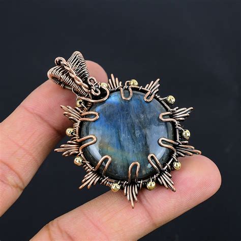 Gorgeous Blue Flashy Labradorite Gemstone Pendant Copper Wire Wrapped