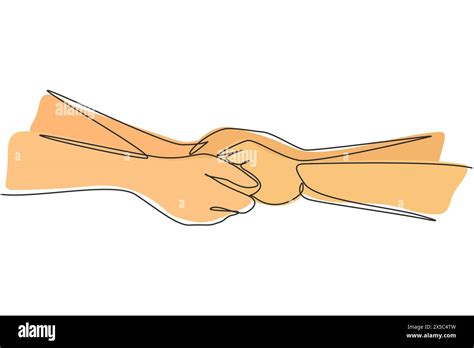 Single One Line Drawing Two Hands Holding Each Other Sign Or Symbol Of