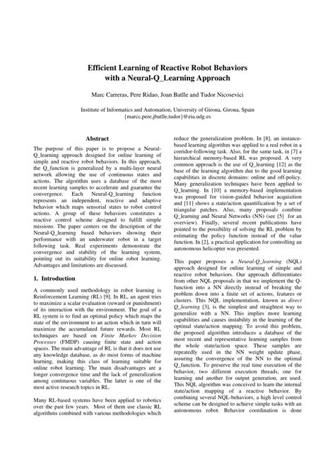 Pdf Efficient Learning Of Reactive Robot Behaviors With A Neural Qlearning Approach