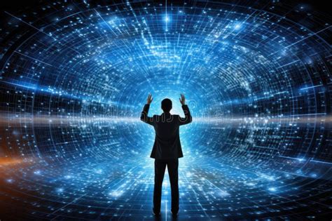 back view of businessman standing in front of digital world with binary