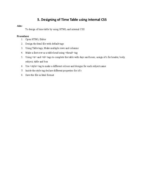 Ex 5 Designing Of Time Table Using Css 5 Designing Of Time Table Using Internal Css Aim To