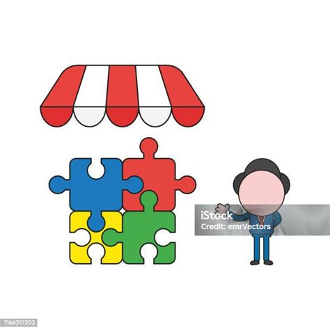 상점 지붕 아래 네 개의 연결된 직소 퍼즐 조각사업가 캐릭터의 벡터 그림 색상 및 검은색 윤곽선 개념에 대한 스톡 벡터 아트 및