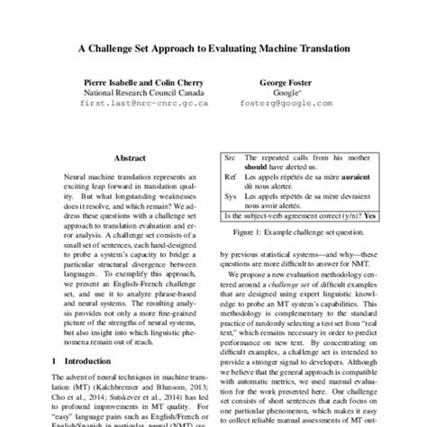 A Challenge Set Approach To Evaluating Machine Translation Acl Anthology