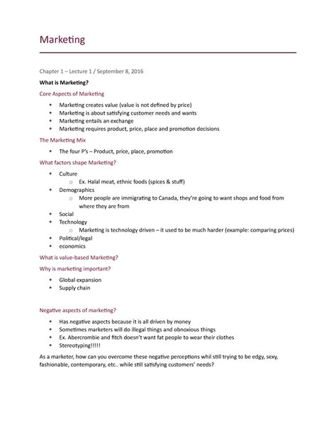 Chapter 1 Lecture Notes 1 Marketing Chapter 1 Lecture 1 September 8