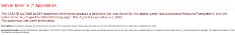 the create unique index statement terminated because a duplicate key