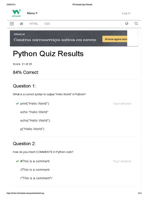 W3schools Quiz Results Python Pdf Computer Science Software