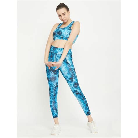 Clovia Medium Impact Padded Sports Bra And High Rise Active Tights Blue