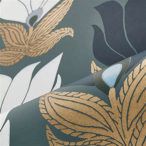Papier peint Fleur Graphique Dauphine vert de gris doré Square Jasmin de Casamance