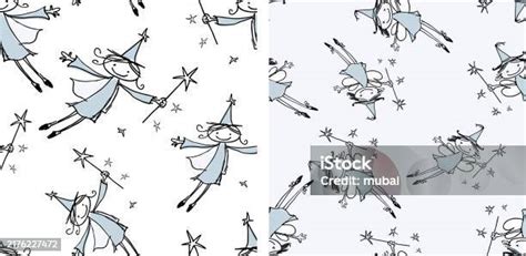 낙서 그림 쾌활한 만화 플라잉 엘프 소녀 손으로 그린 벡터 일러스트 레이 션 배경 벽지 종이 섬유의 완벽 한 패턴 0명에 대한 스톡 벡터 아트 및 기타 이미지 Istock