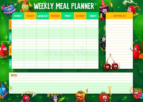 Planificador Semanal De Comidas Con Magos De Berry De Dibujos Animados