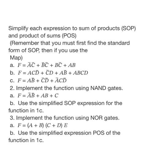 solved simplify each expression to sum of products sop and