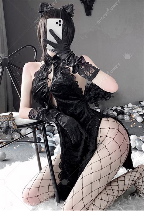 Women Cheongsam Sexy Lingerie Set Halter Lace Velvet Vintage Dress Sexy Costume Outfit For Sale