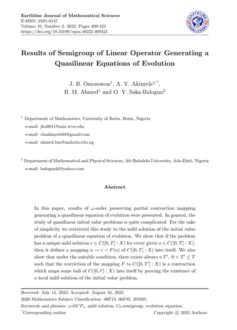 Pdf Results Of Semigroup Of Linear Operator Generating A Quasilinear