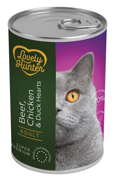 Влажный корм для взрослых кошек с говядиной курицей и утиным сердцем Lovely Hunter Adult With