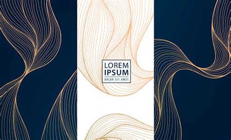 벡터 컬렉션 디자인 요소 레이블 프레임 청첩장 소셜 넷 스토리 포장 고급 제품 향수 비누 와인 로션 세트 물결 모양의 선 황금 배경 패턴 곡선에 대한 스톡 벡터 아트 및