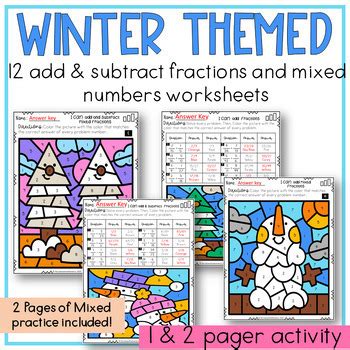 Winter Adding Subtracting Fractions And Mixed Numbers Color By Number Practice