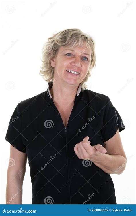 Anciana Rubia Sonriendo Mediana Edad Con Antecedentes Blancos Linda