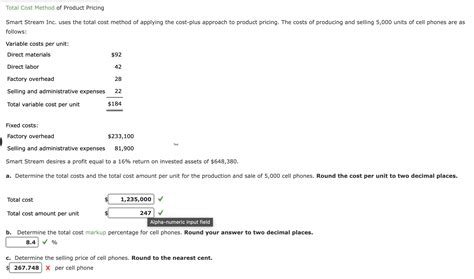 Solved Total Cost Method Of Product Pricing Smart Stream