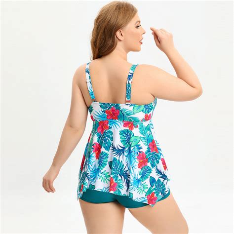 Green Floral Print Hanky Hem With Shorts Swimsuit Plus Curvves