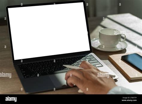 Laptop With Blank Screen On Table Workspace Background New Project On Laptop Computer With