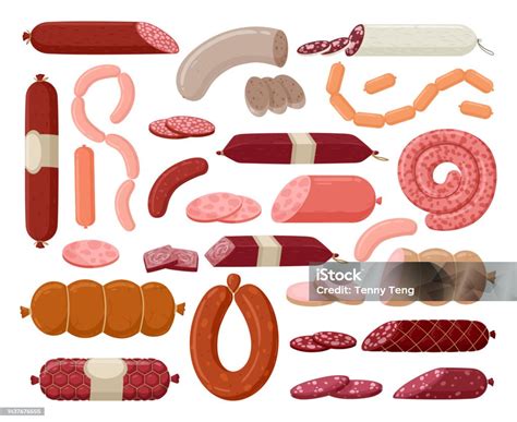 만화 소시지 정육점 육류 제품 신선한 고기 반제품 소시지와 프랑크푸르트 플랫 벡터 일러스트 세트 맛있는 고기 음식 수집 갈비